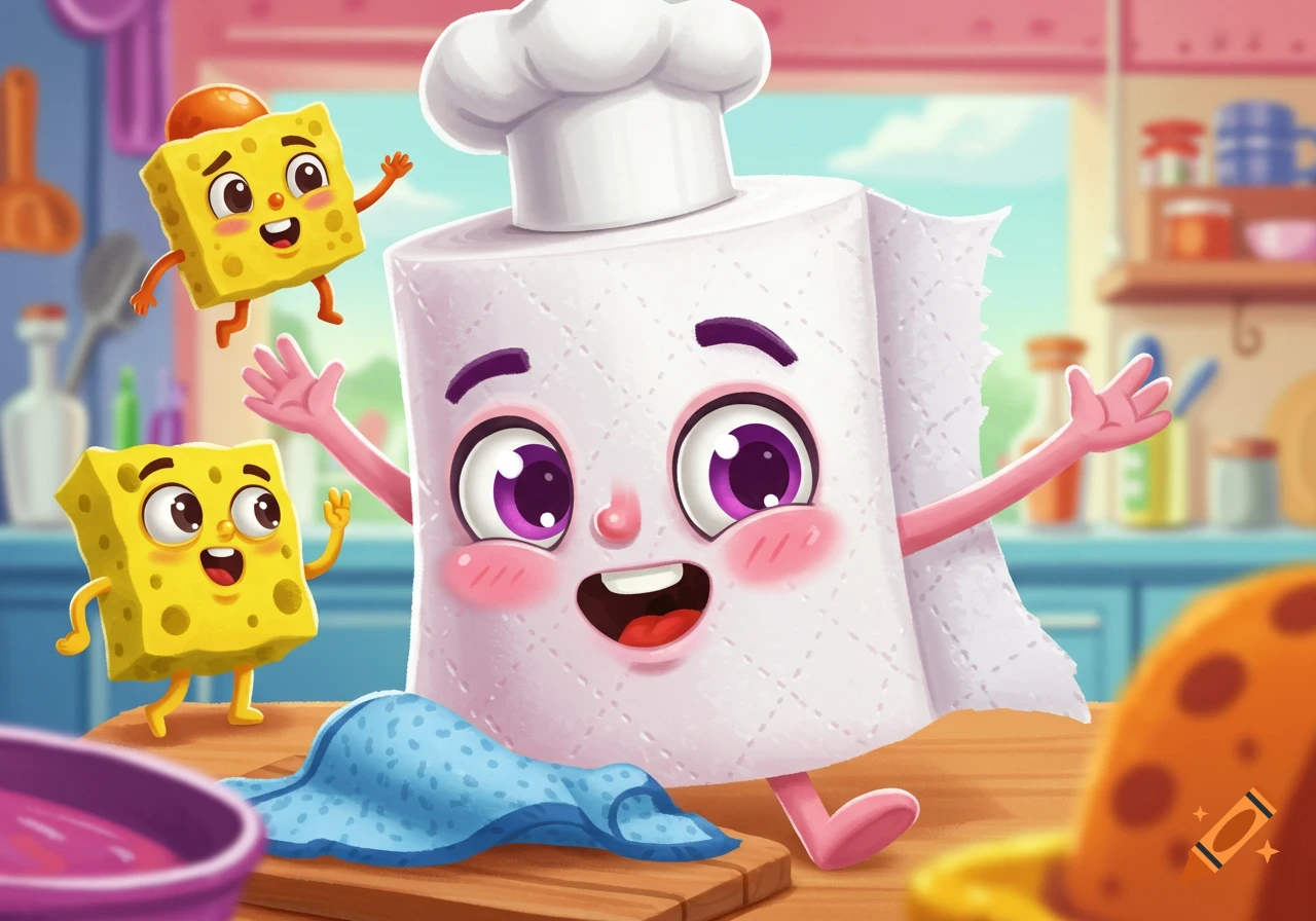 Cartoon kitchen paper roll character wearing a chef hat with two sponge ...