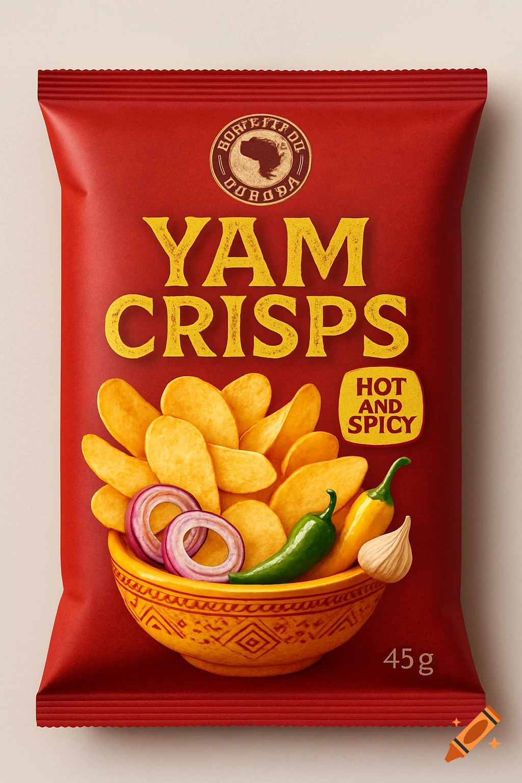 Red bag of yam crisps packaging with yam chips, onion, peppers, and ...