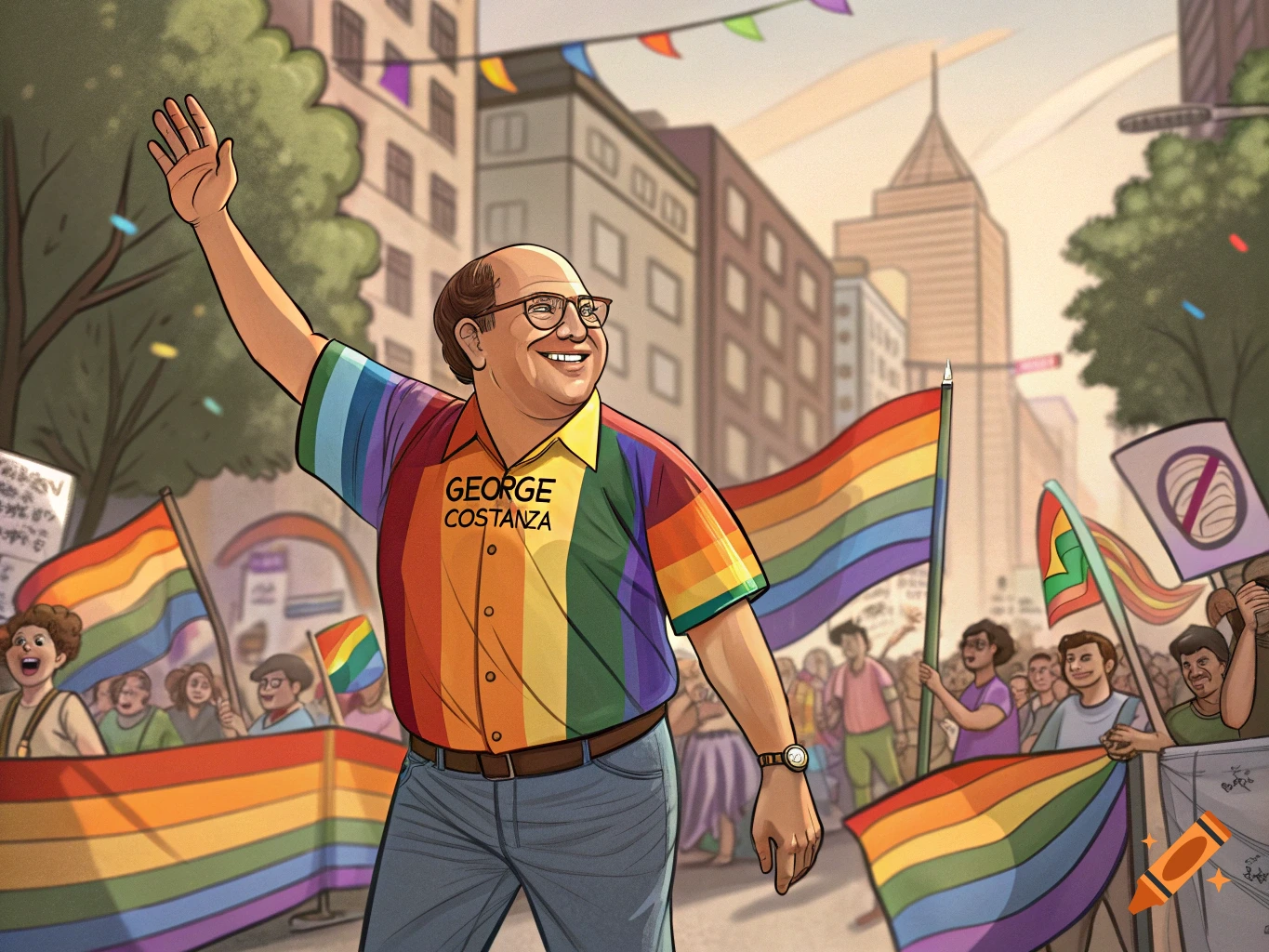 Cartoon of George Costanza waving at a pride rally, wearing a rainbow ...