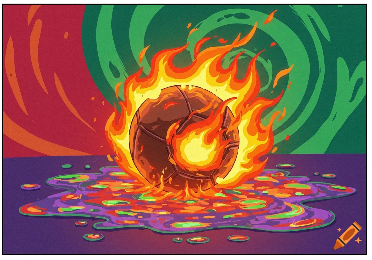 A cartoony drawing of a basketball on fire melting into a colorful ...