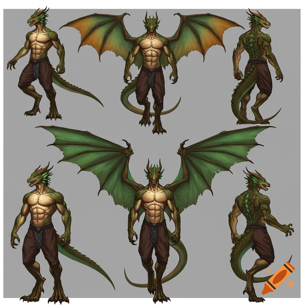 Character sheet of a muscular dragon-like humanoid creature with wings in various poses. on Craiyon