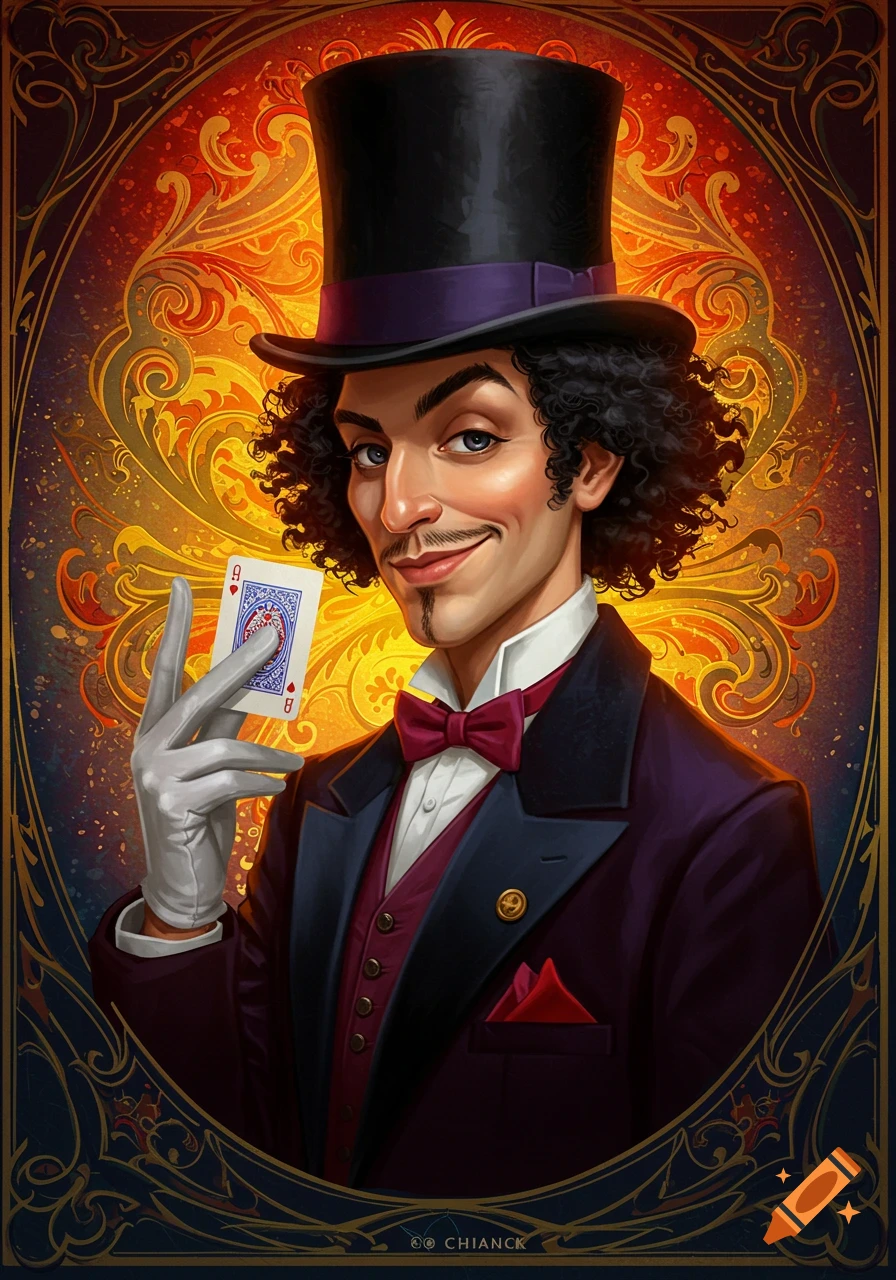 A stylized illustration of a magician in a top hat holding a queen ...