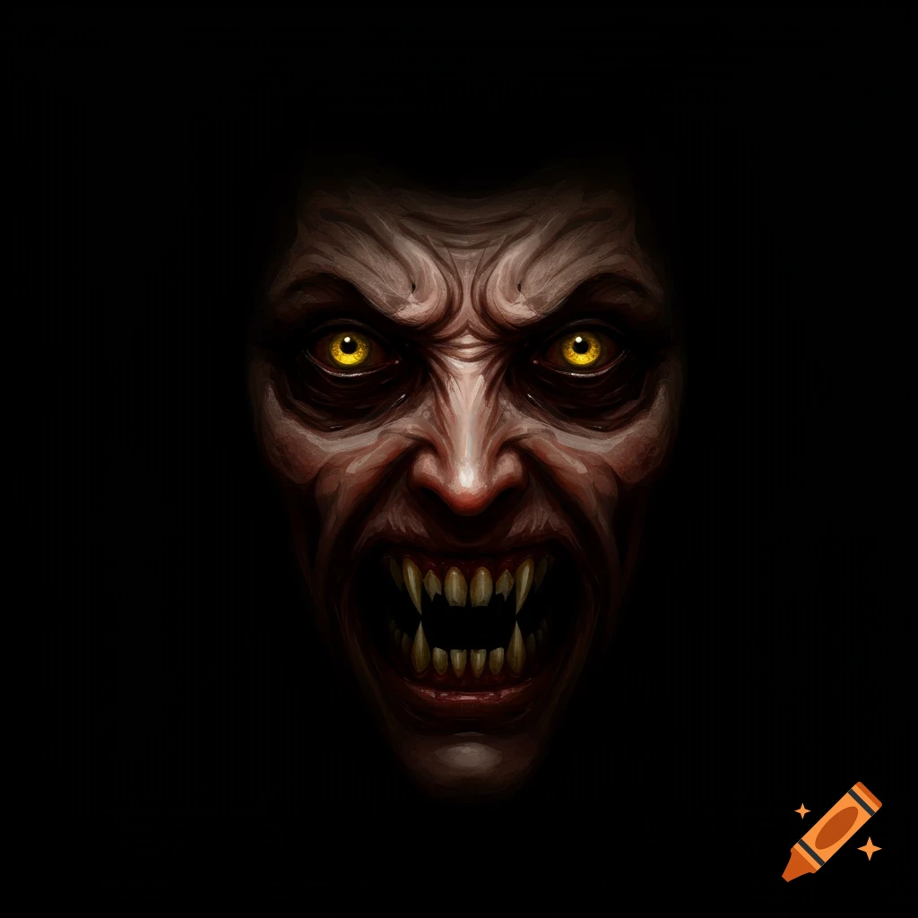 Close-up of a scary monster or vampire face with yellow eyes and fangs ...