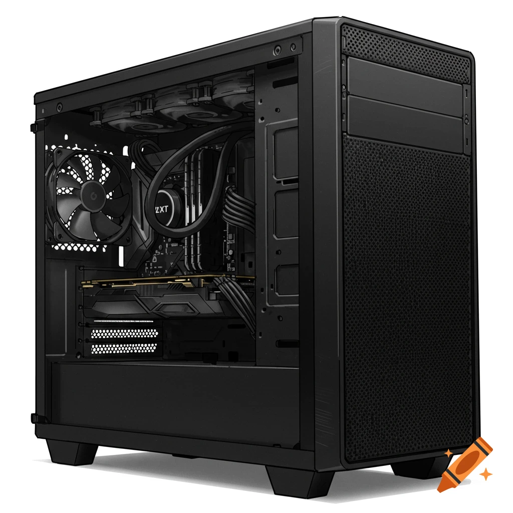 A black computer case showing internal components, including a CPU ...