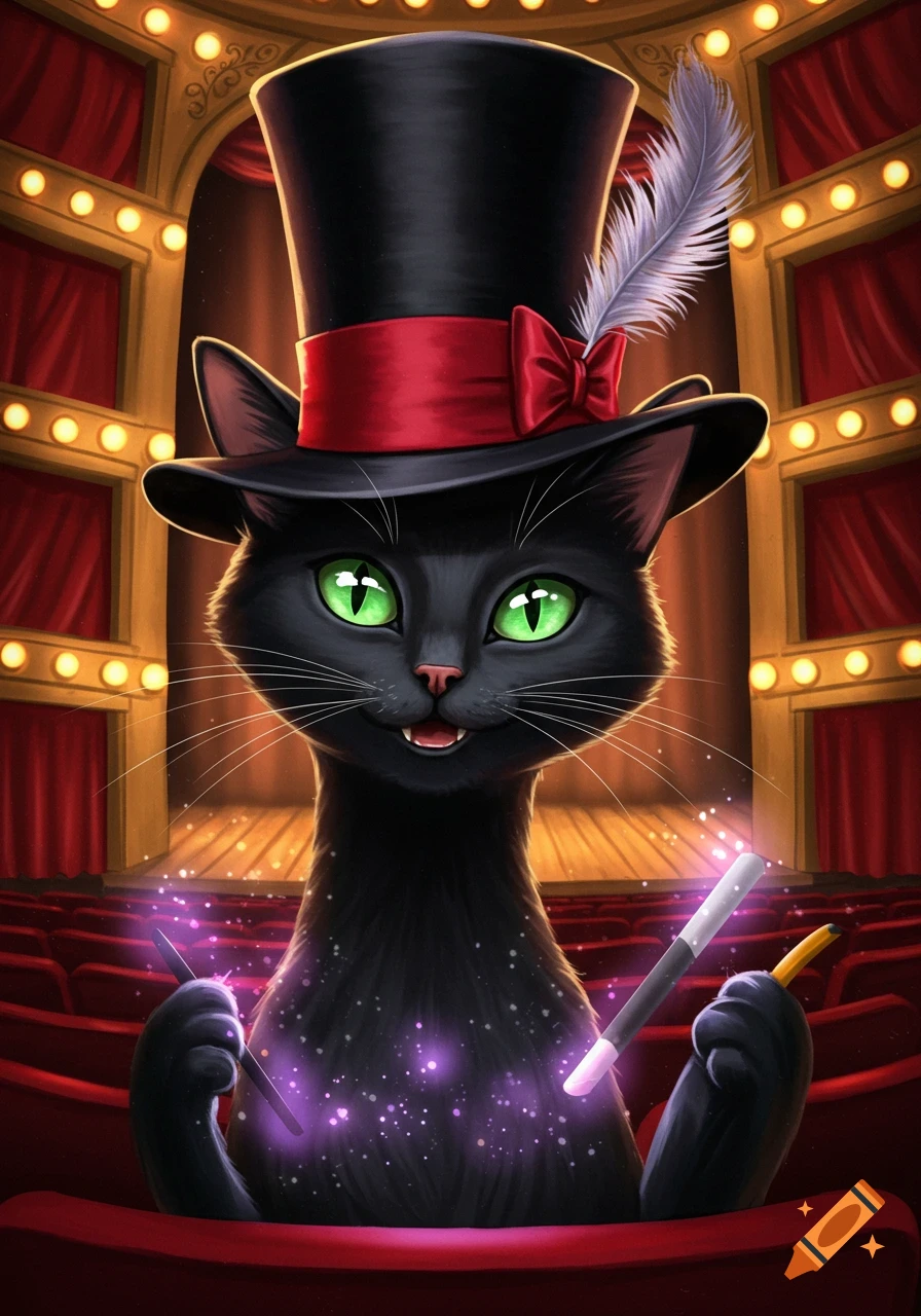 A black cat magician wearing a top hat performs magic on a stage with ...
