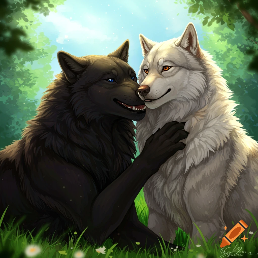 Two stylized wolves, one black and one white, nuzzle each other in a ...