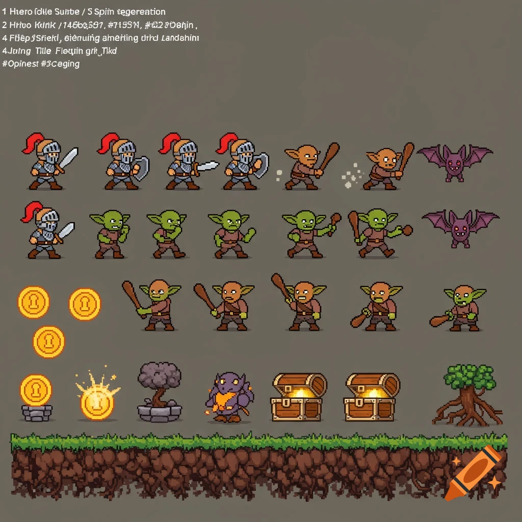 Pixel art game sprites featuring fantasy characters (knight, goblin ...