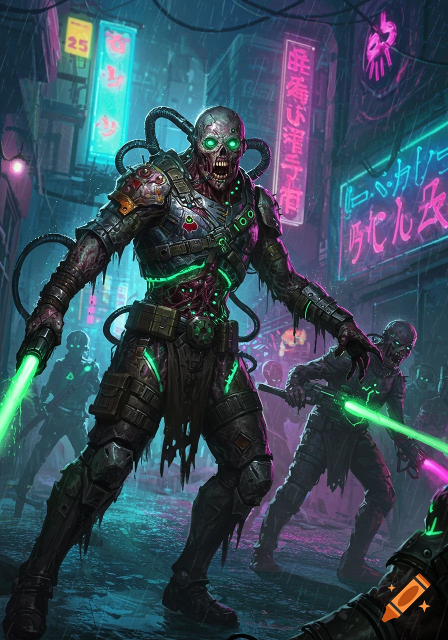 Cyberpunk zombie with glowing eyes and cybernetic armor on a rainy ...