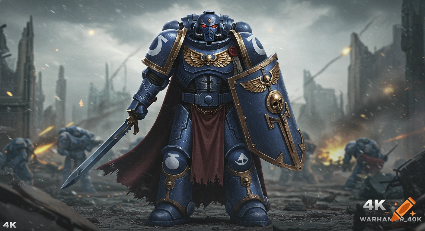 A realistic depiction of a Warhammer 40k Ultramarine standing guard in a destroyed city ...