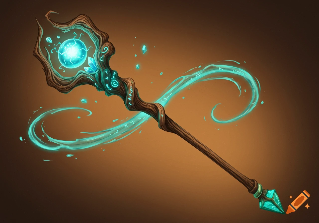 A fantasy art illustration of a gnarled wooden staff with a glowing ...