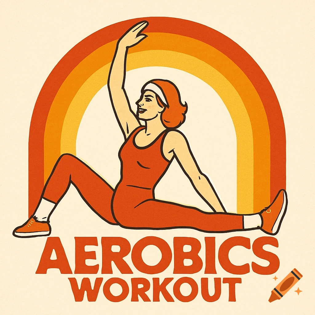 Retro graphic design of a woman doing aerobics under a rainbow arch ...