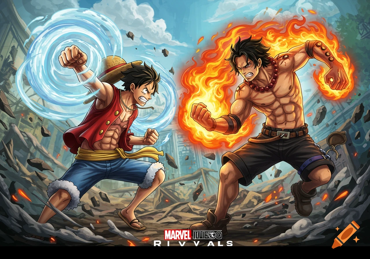 Anime style illustration of Monkey D. Luffy and Ace fighting ...