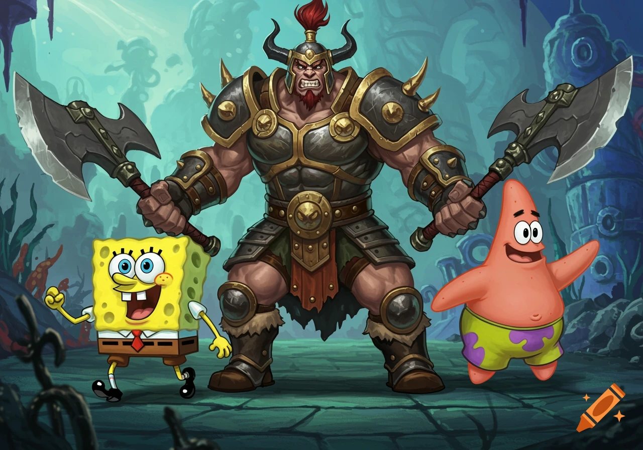 SpongeBob and Patrick walk beside a large barbarian warrior in an ...