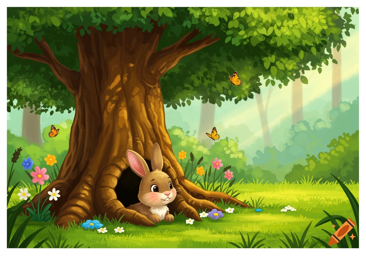 A cartoon bunny peeks from a tree burrow in a spring forest with ...