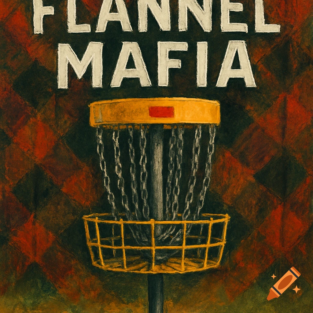 A disc golf basket with the text "FLANNEL MAFIA" above it in a textured ...