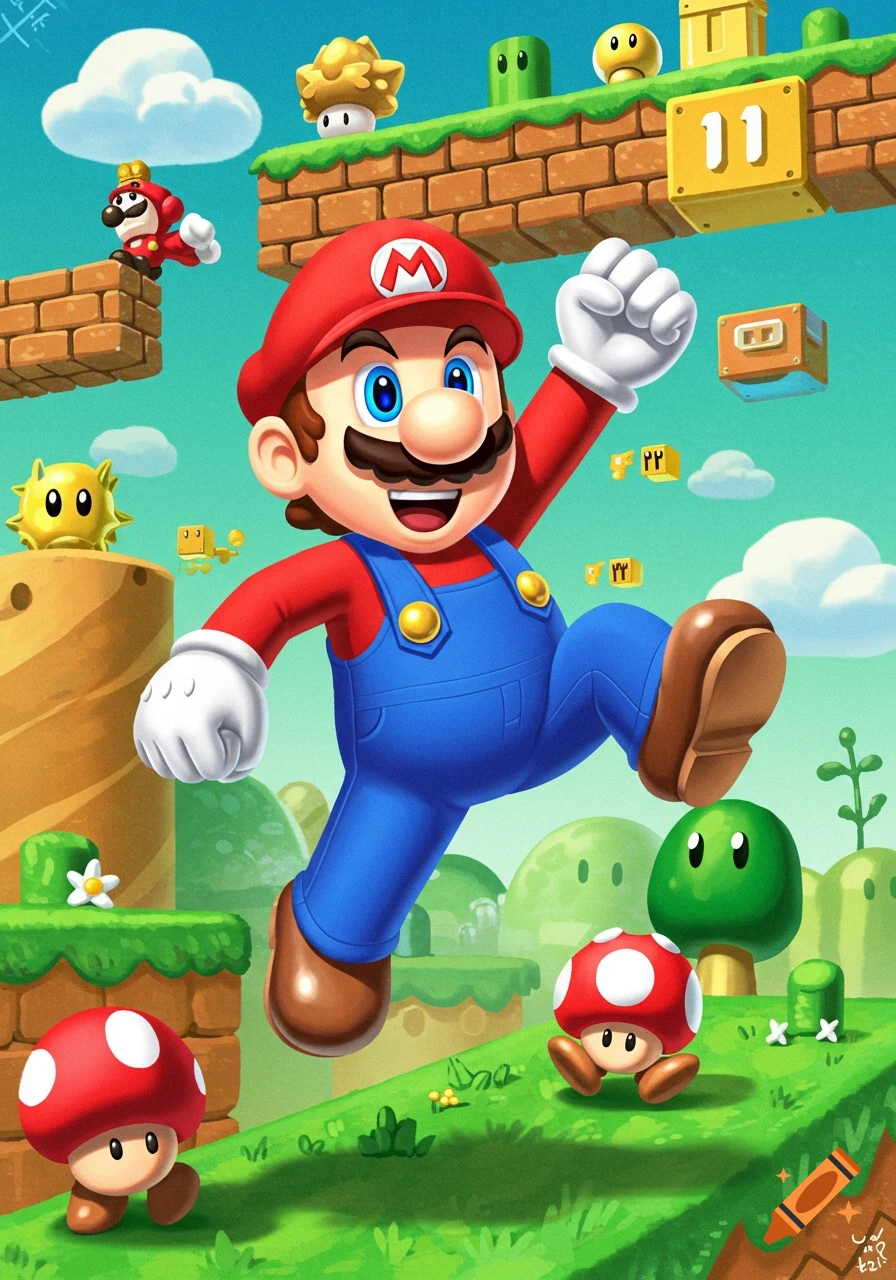 Mario jumps in a Super Mario level with mushrooms, blocks, and enemies ...