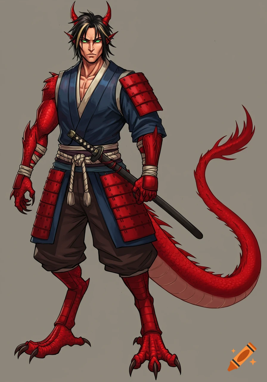 A fantasy illustration of a humanoid with red dragon scales, claws ...