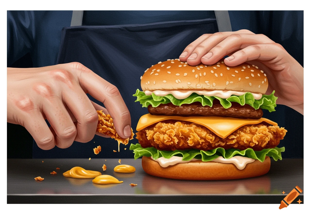 Hands assemble a double-layer burger with fried chicken and beef ...