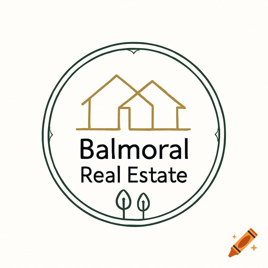 Minimalist logo for Balmoral Real Estate featuring two connected houses and trees in a circle ...