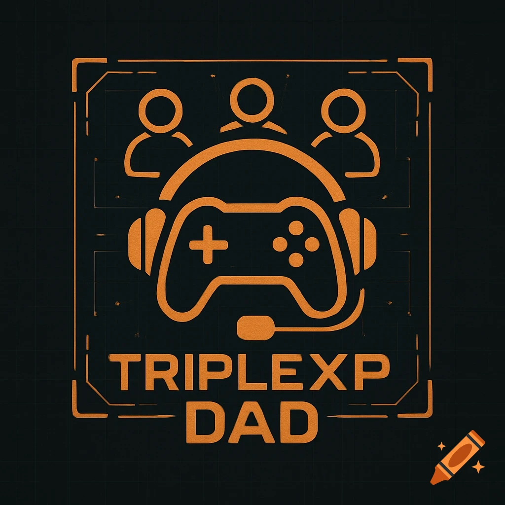 Orange gaming logo with controller, headset, three figures, and text ...