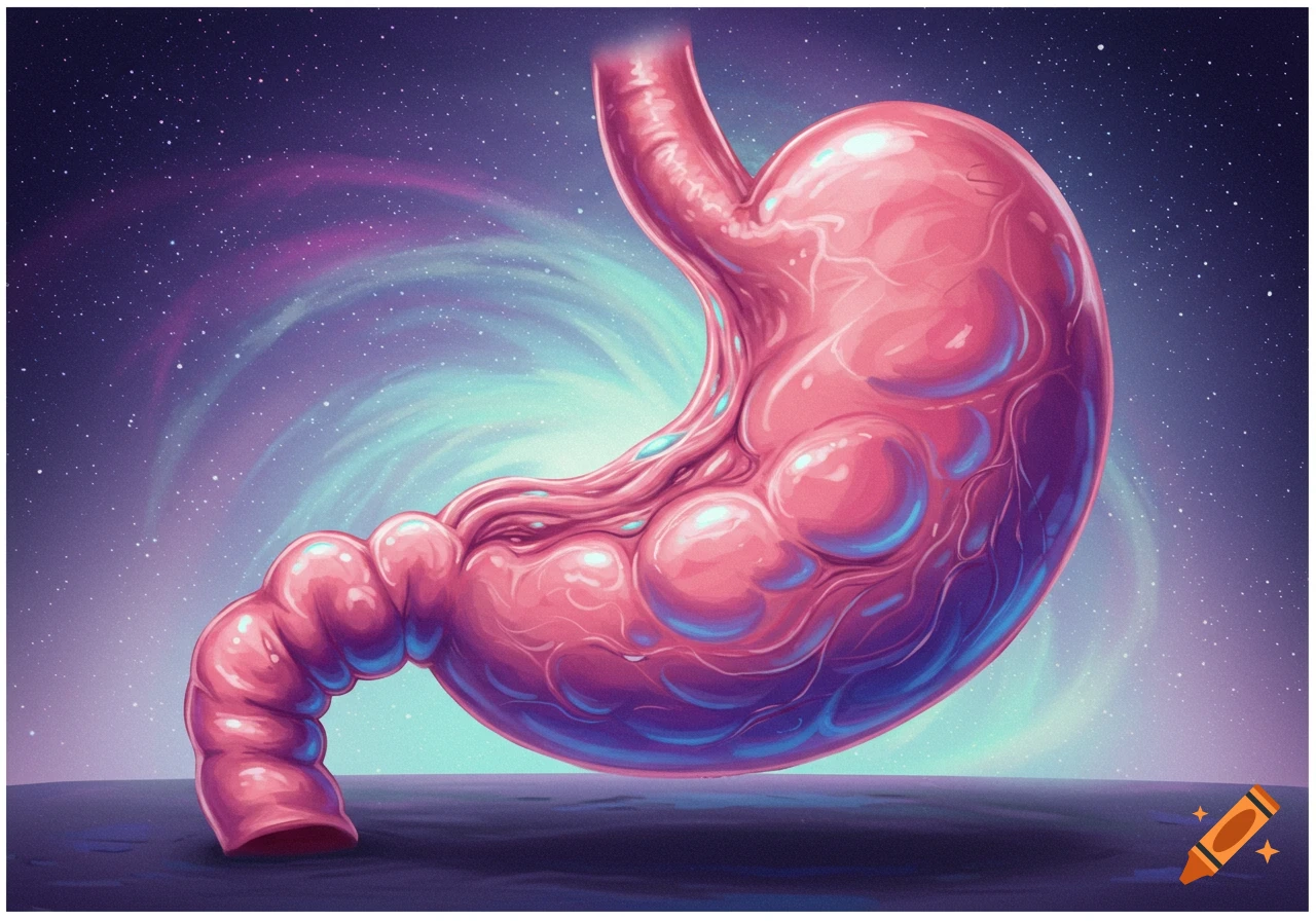A stylized illustration of a human stomach floating in a cosmic space ...