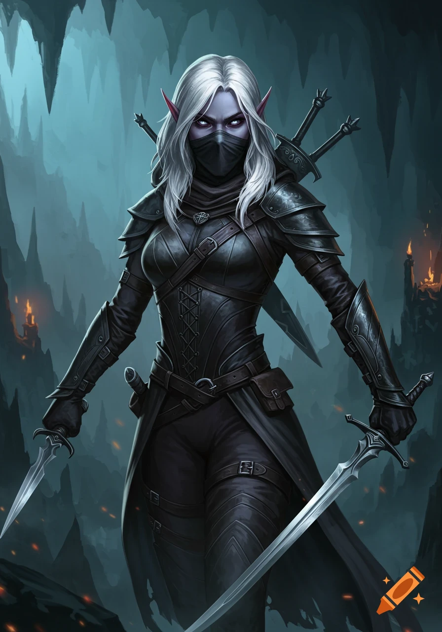 Female fantasy character, an elf rogue in dark armor and mask, holds a ...