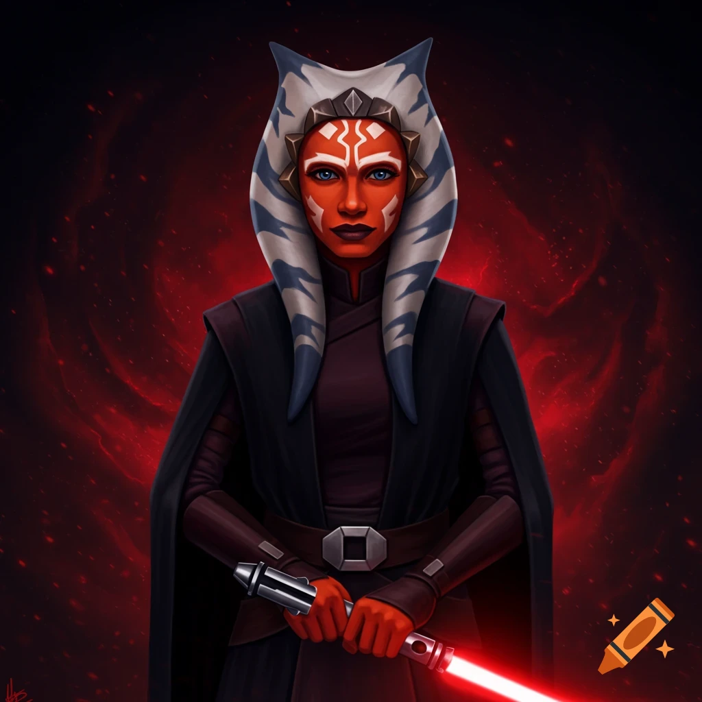 Illustration of Ahsoka Tano as a Sith Lord with red skin, holding a red ...
