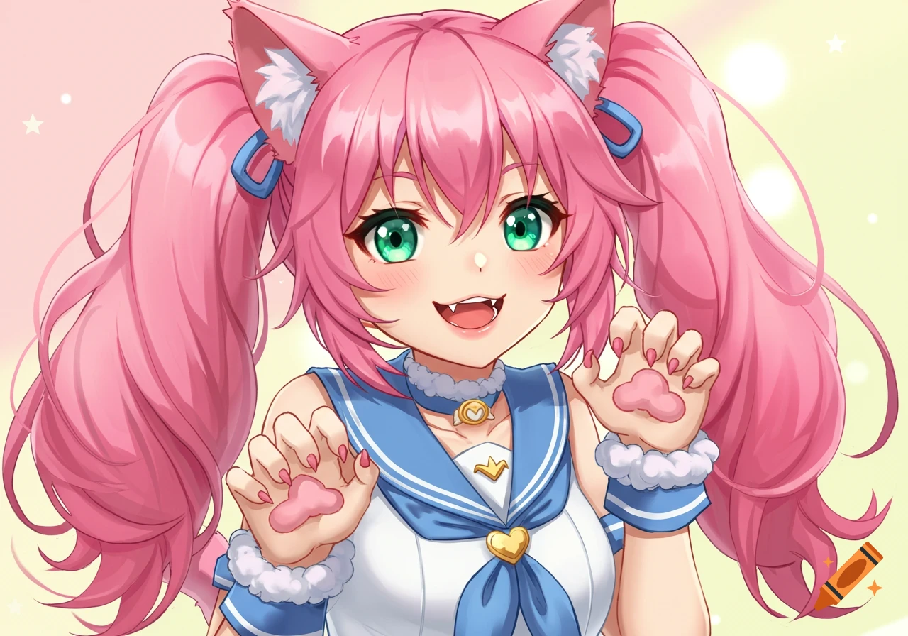 Anime cat girl with pink pigtails and green eyes in a sailor outfit ...
