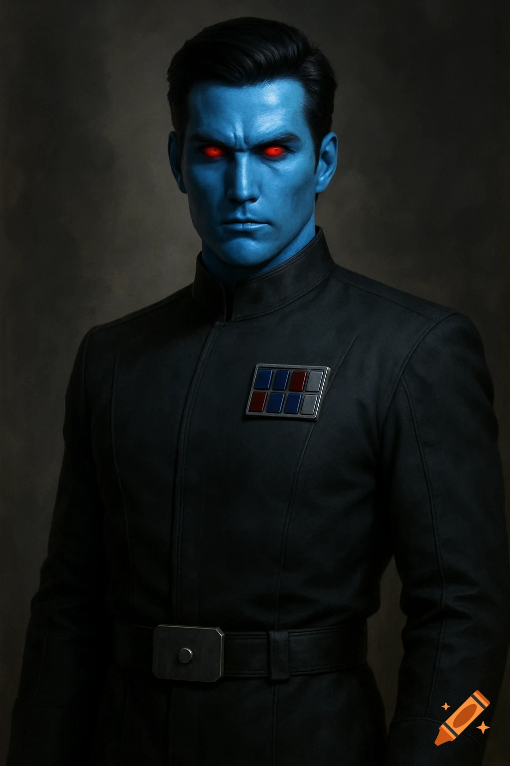 Portrait of a blue-skinned man with red eyes wearing a black military ...