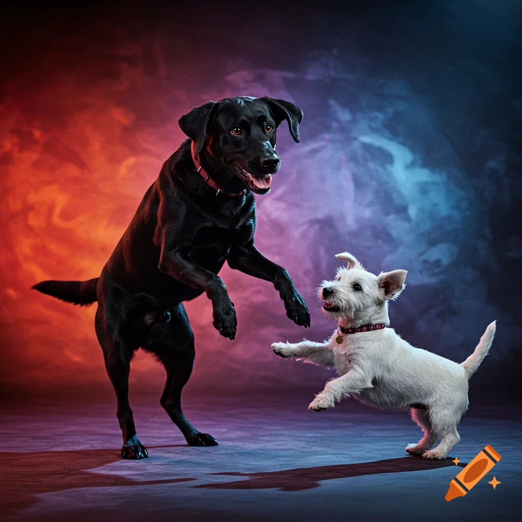 Black Labrador and white Terrier dogs jumping in a studio with dramatic ...
