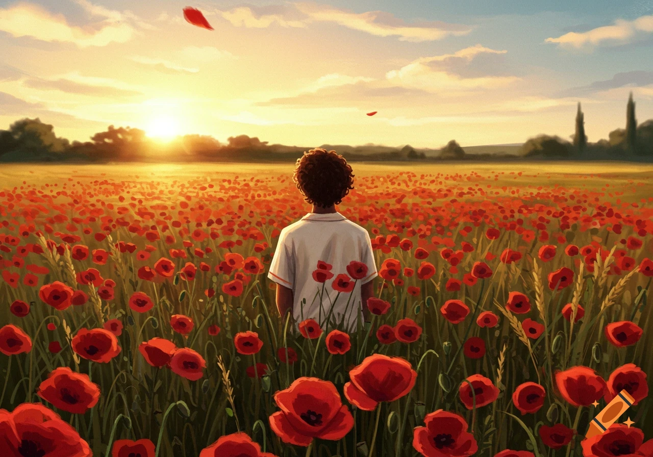 Illustration of a person standing in a vast field of red poppies facing ...