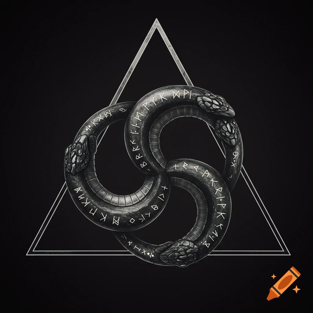 A dark emblem featuring a metallic triskelion of three intertwining ...