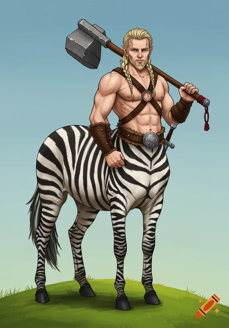 A muscular blonde-haired zebra centaur man with a beard holds a large ...