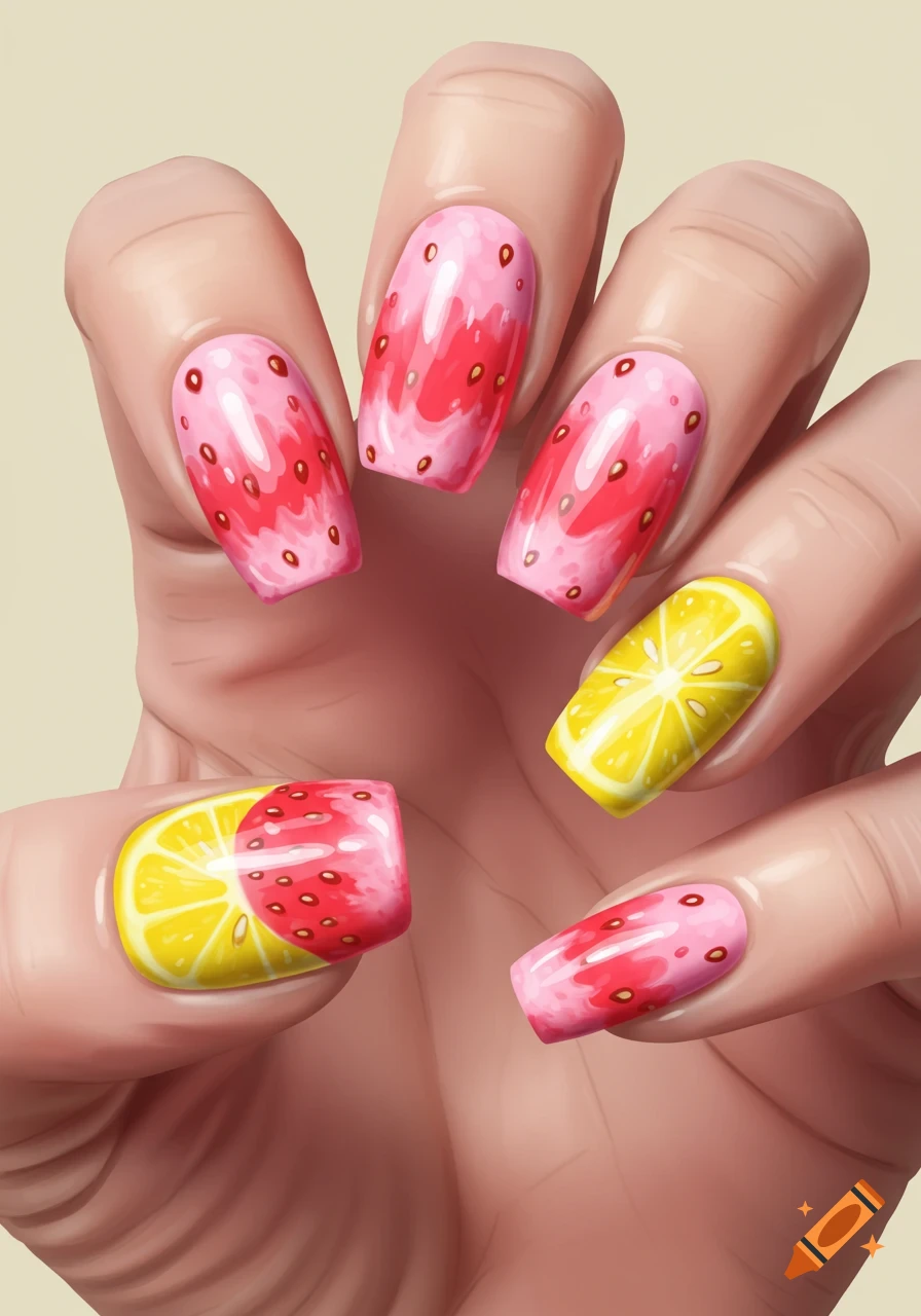 Close-up of a hand with nail art featuring strawberry and lemon designs ...
