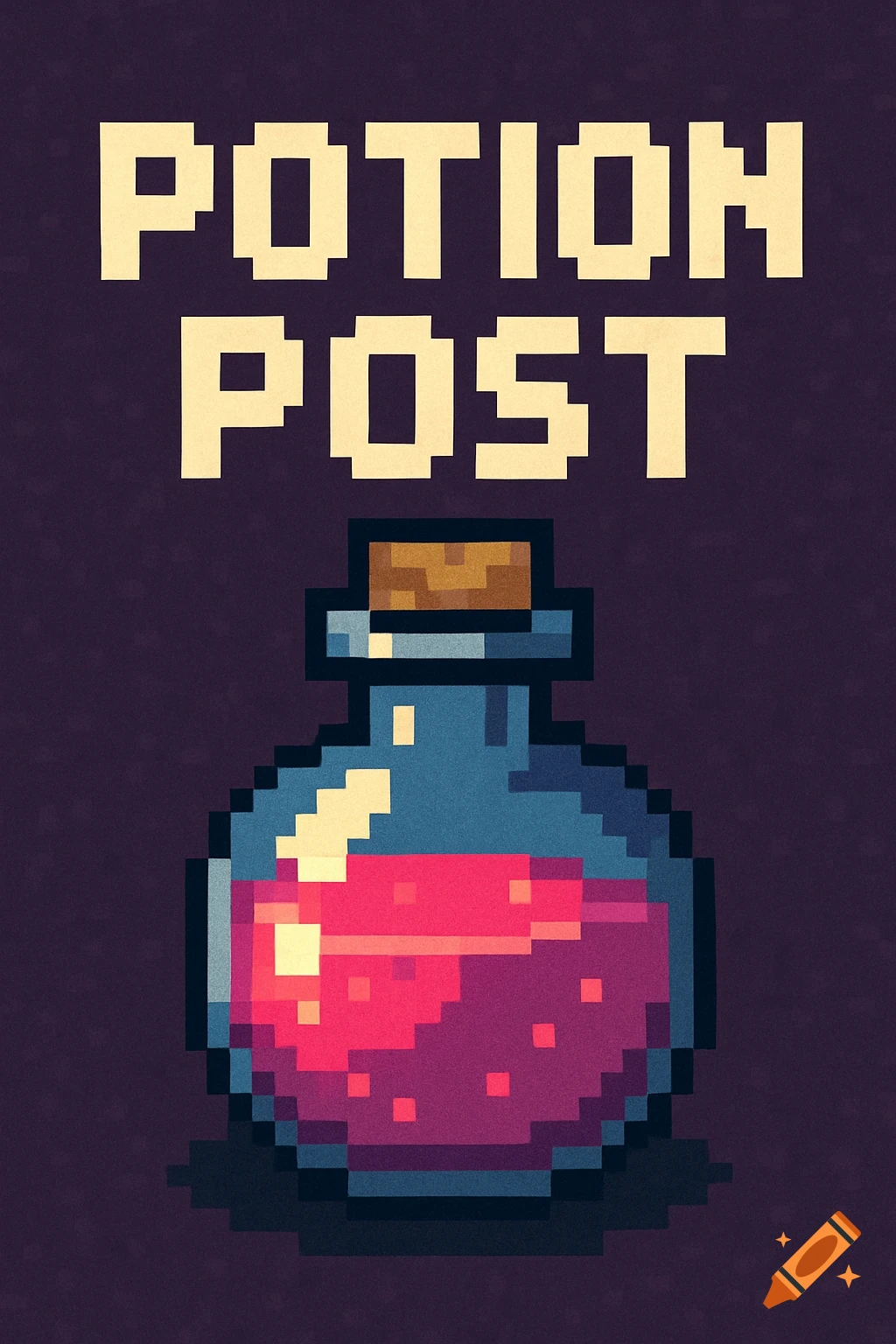 Pixelated potion bottle with the text POTION POST above it on Craiyon