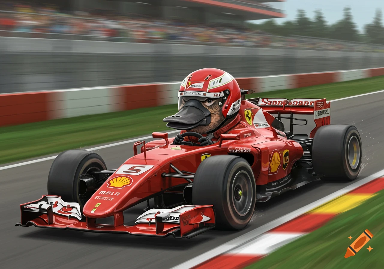 A platypus in a helmet drives a red Formula 1 race car on a track. on ...