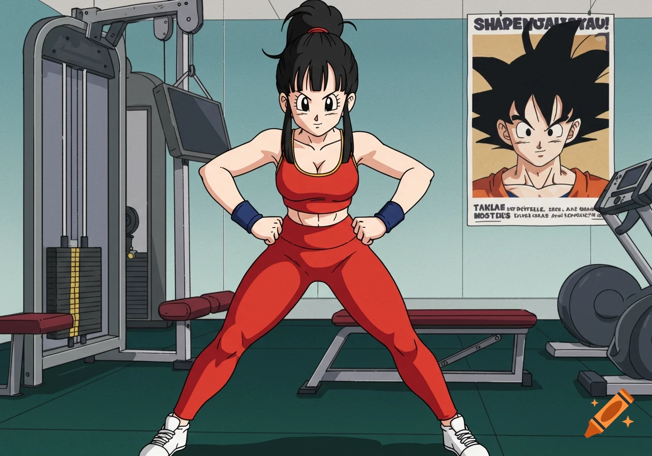 Anime illustration of Dragon Ball's Chi Chi in red workout gear at a ...
