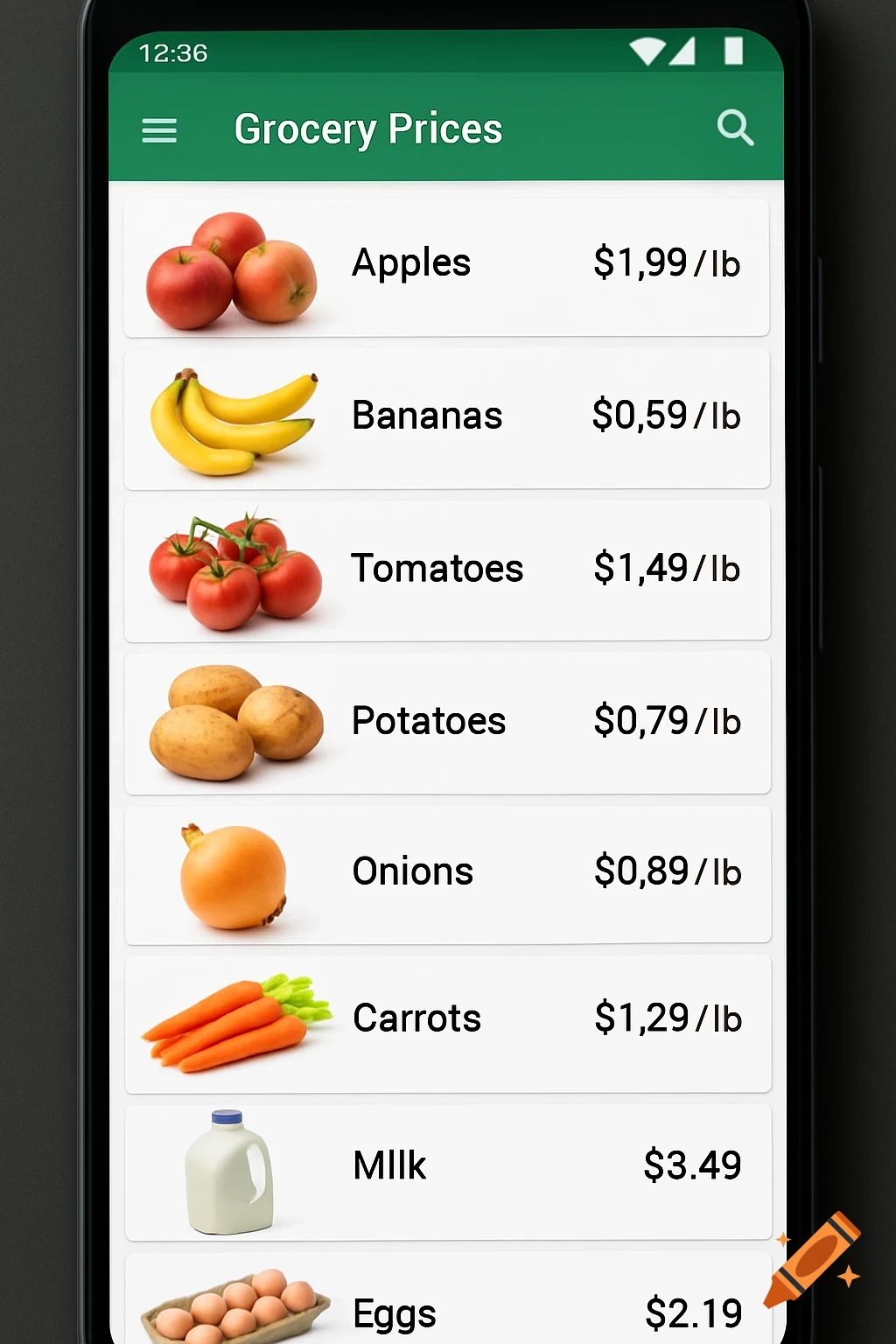 A phone screen displays a grocery prices app GUI listing items like ...