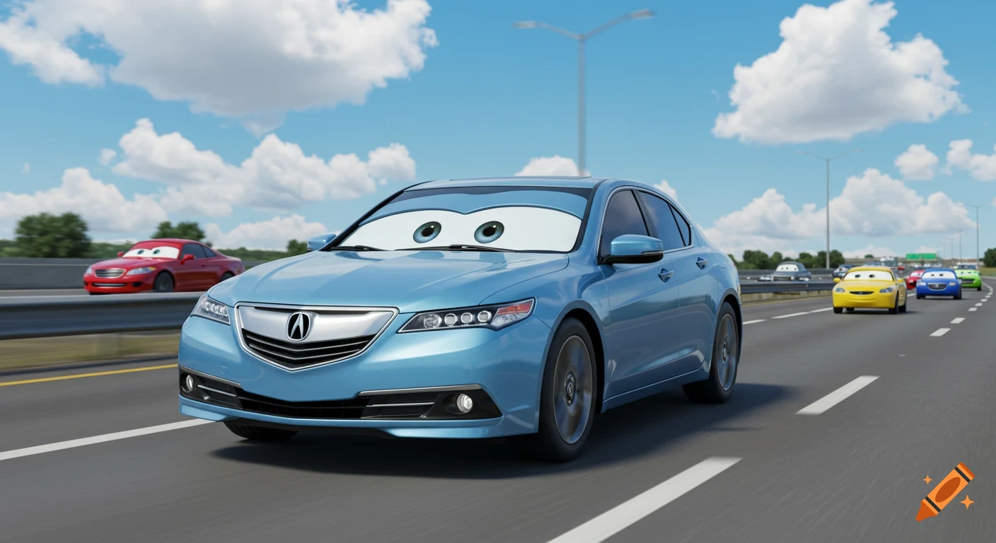 Animated blue car with eyes drives on a highway in the style of Pixar ...