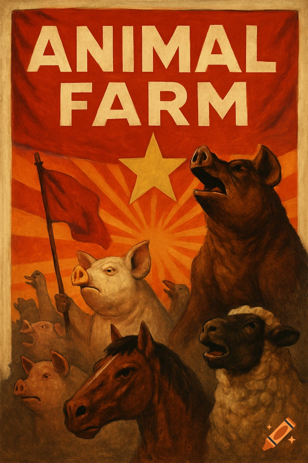 Propaganda poster for Animal Farm featuring animals, a flag, star, and ...