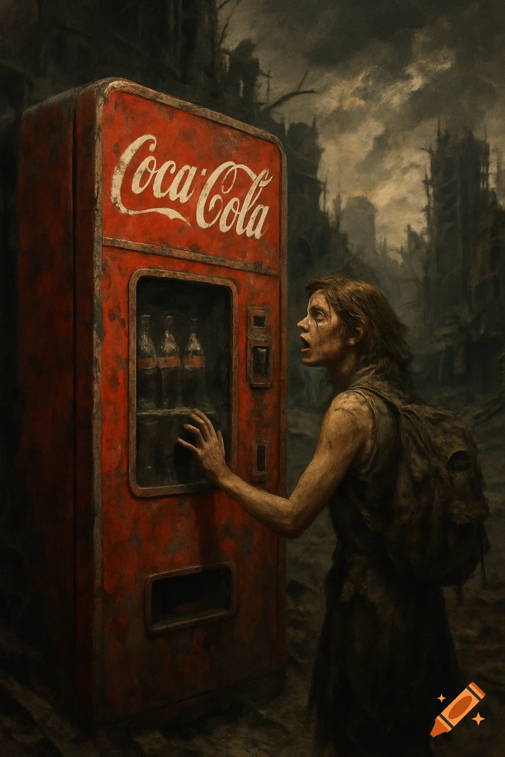Person reaches for Coca-Cola vending machine in ruined city, painterly ...