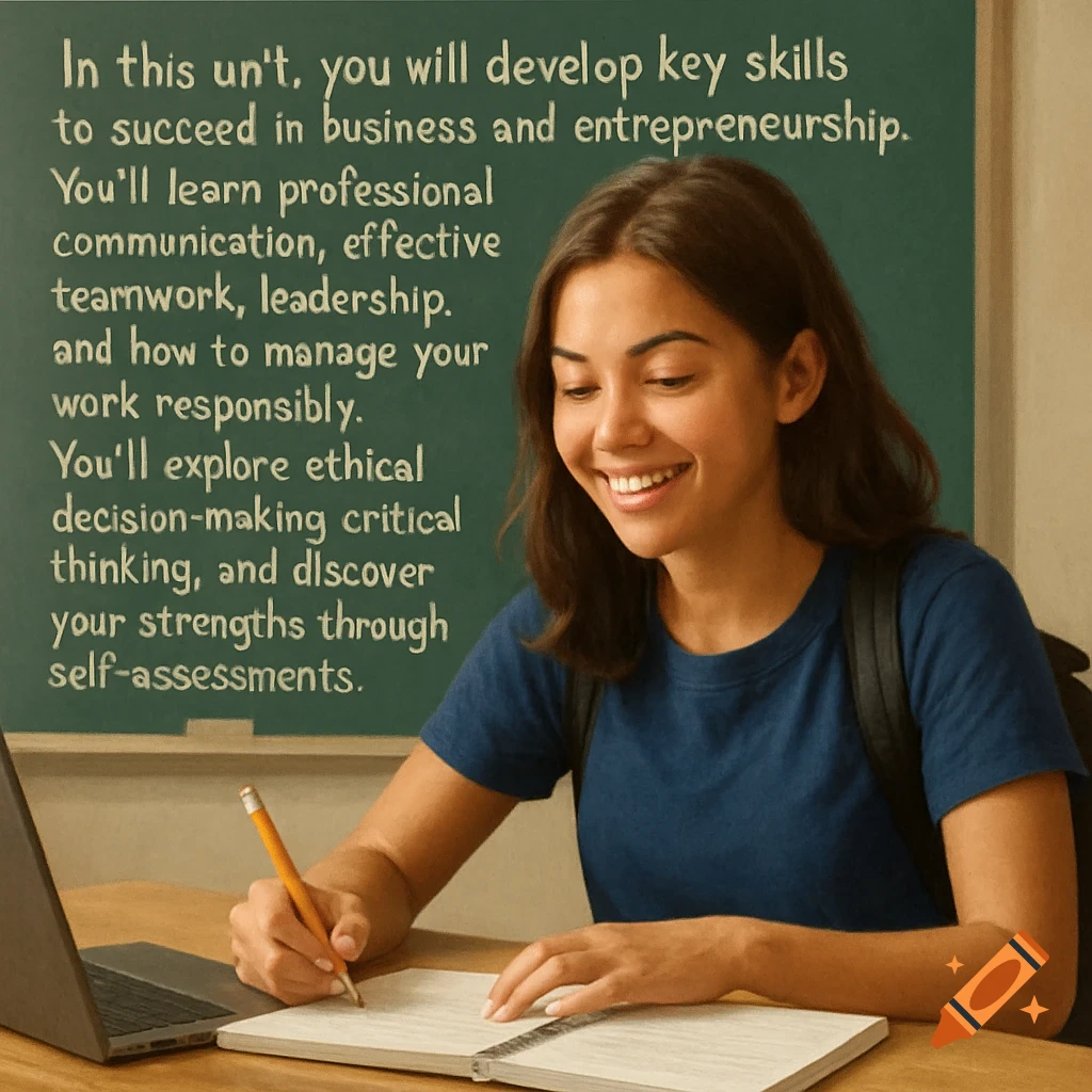 A student sits at a desk writing in a notebook with text on a ...
