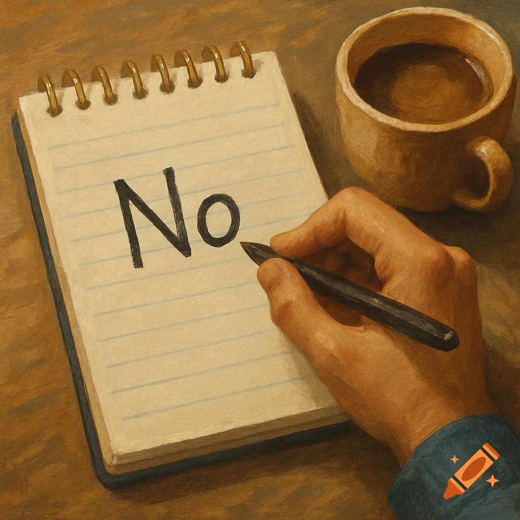 A hand writes the word "No" on a lined notepad next to a coffee cup, in ...