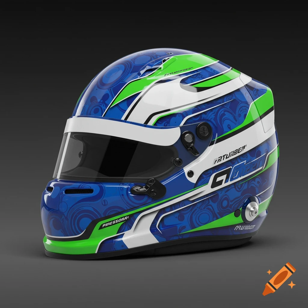 A racing helmet with blue, green, and white swirling patterns on Craiyon