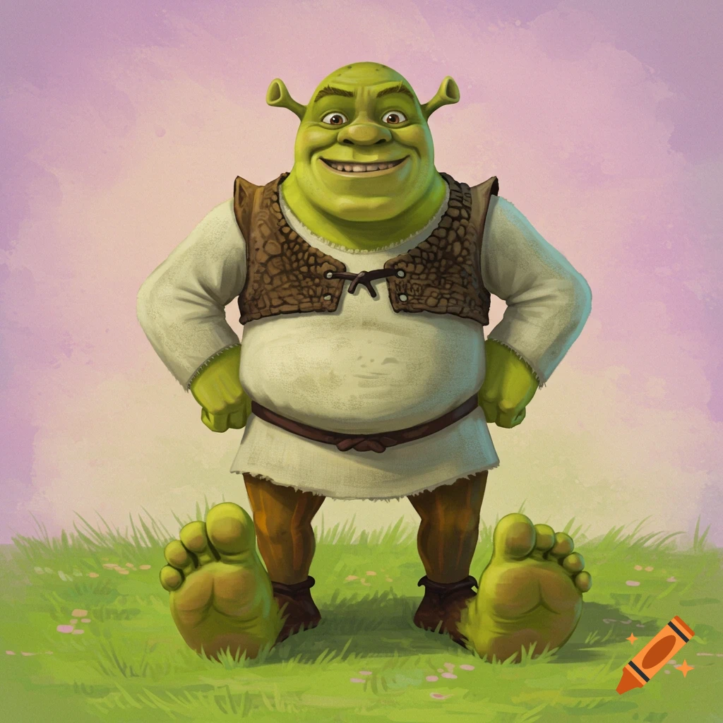 Illustration of Shrek standing in grass with large toes on Craiyon