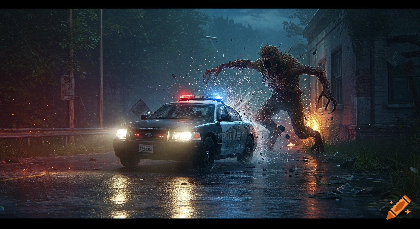 Photorealistic illustration of a police car on a wet road attacked by a ...