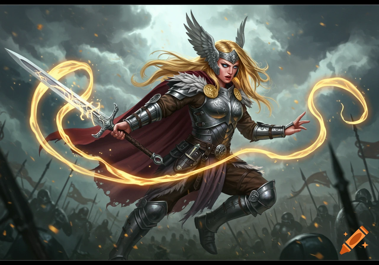 Blonde valkyrie in detailed armor runs forward with a glowing sword in ...