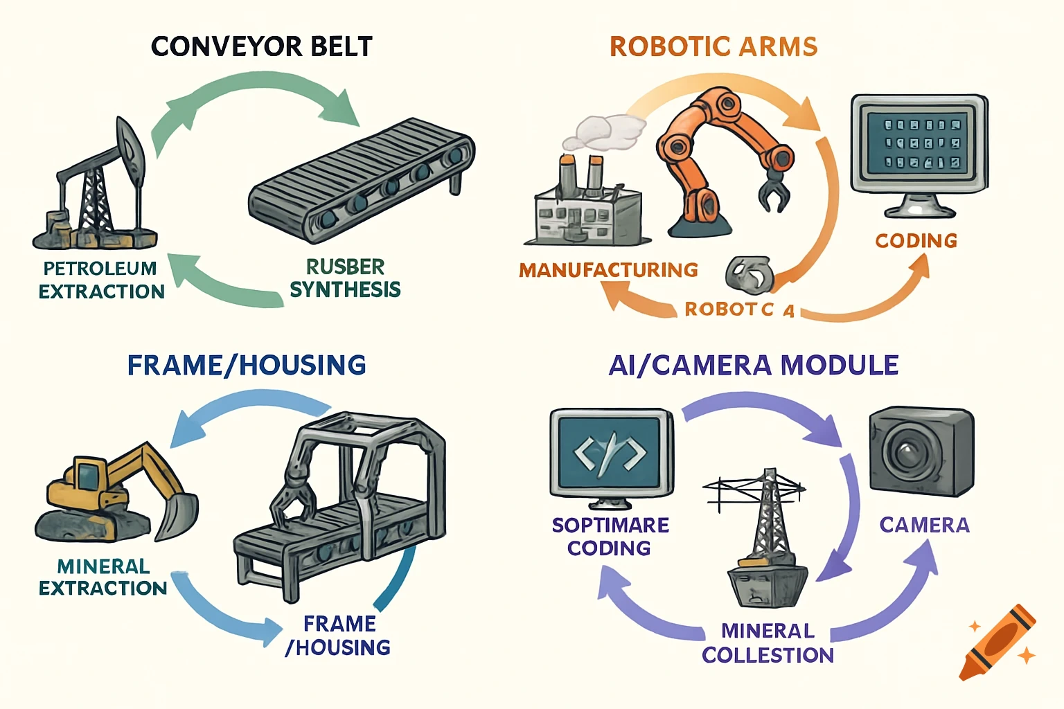 Diagram showing four industrial cycles: Conveyor Belt (Petroleum to ...