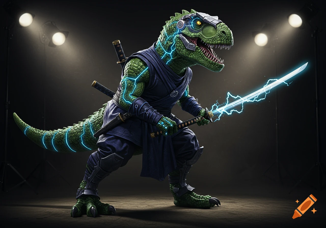 A green T-Rex dinosaur in a blue ninja suit with cyborg parts and ...