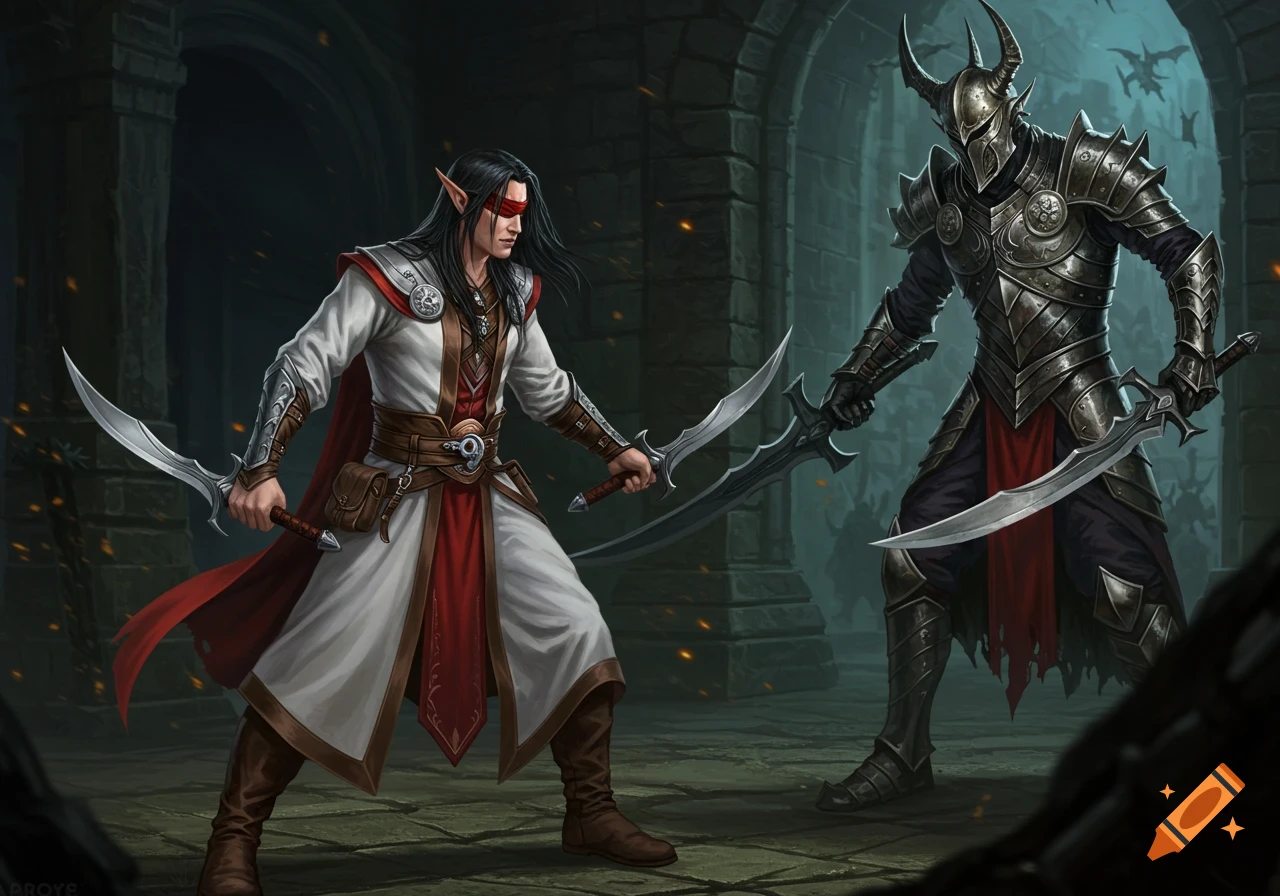 Elven warrior with blindfold fighting a death knight in a dark dungeon ...